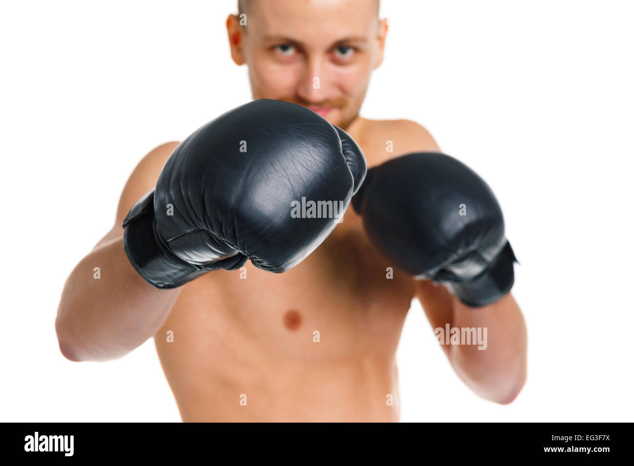 Sport attractive man wearing boxing gloves on the white background ...