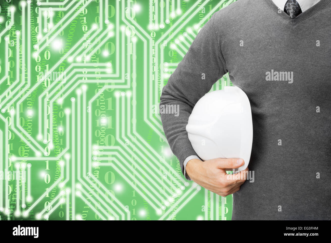 Engineer with green digital circuit on background Stock Photo - Alamy