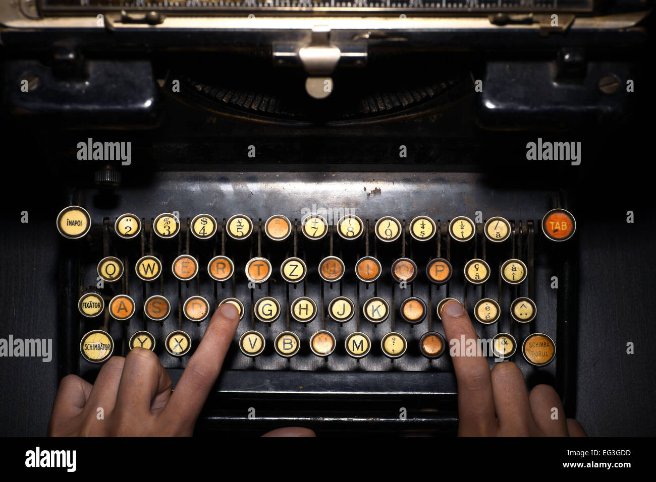 Color horizontal detail of the keyboard of an old typewriter and two ...