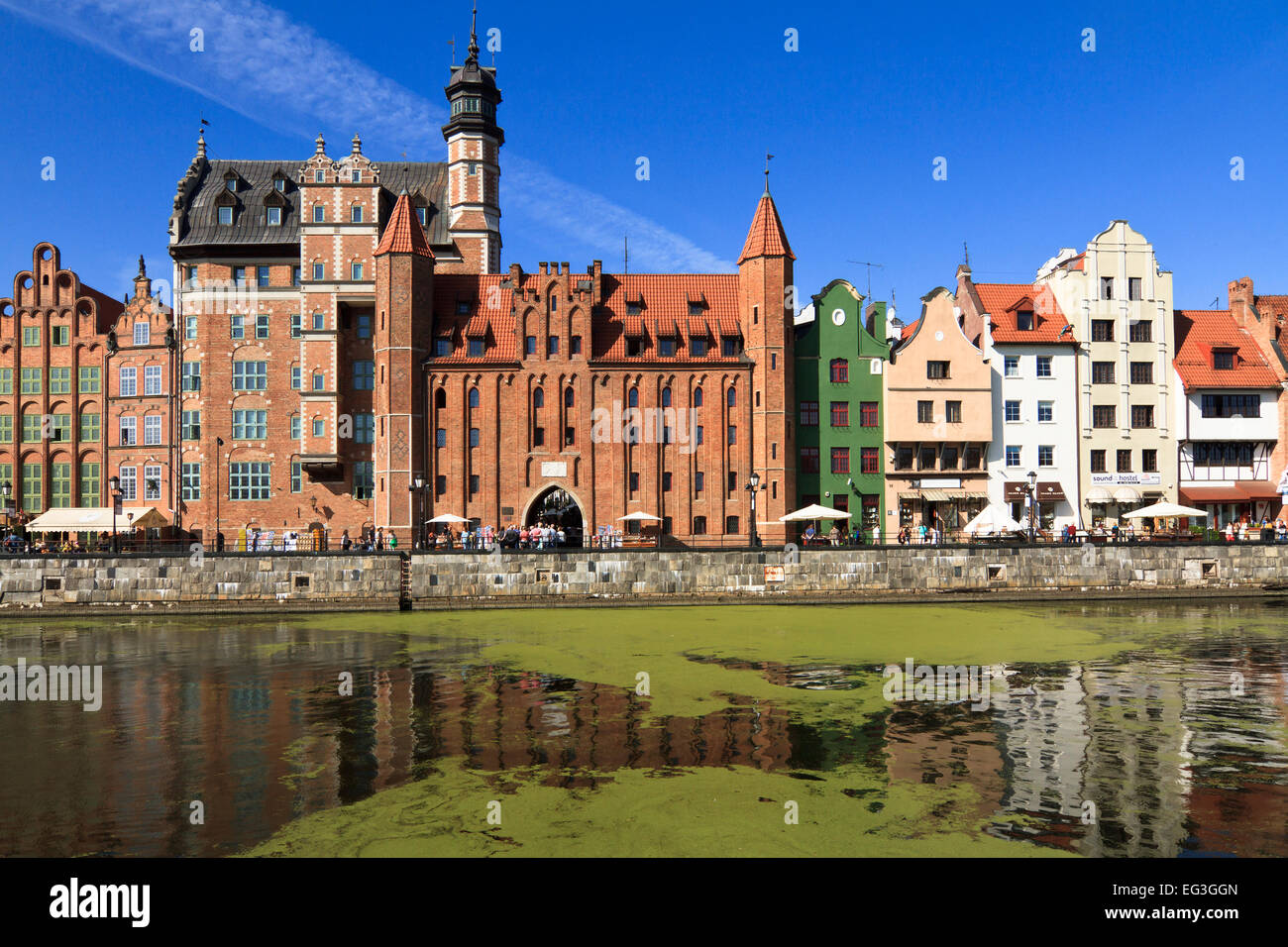 Riverside in Gdansk old harbor with hanseatic-style buildings reflected ...
