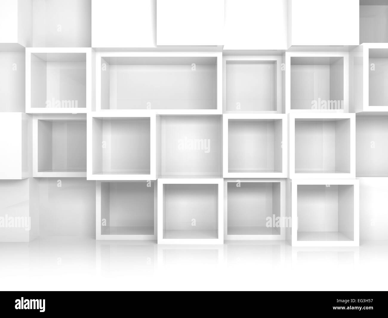 Abstract empty 3d interior with white square shelves on the wall, front ...