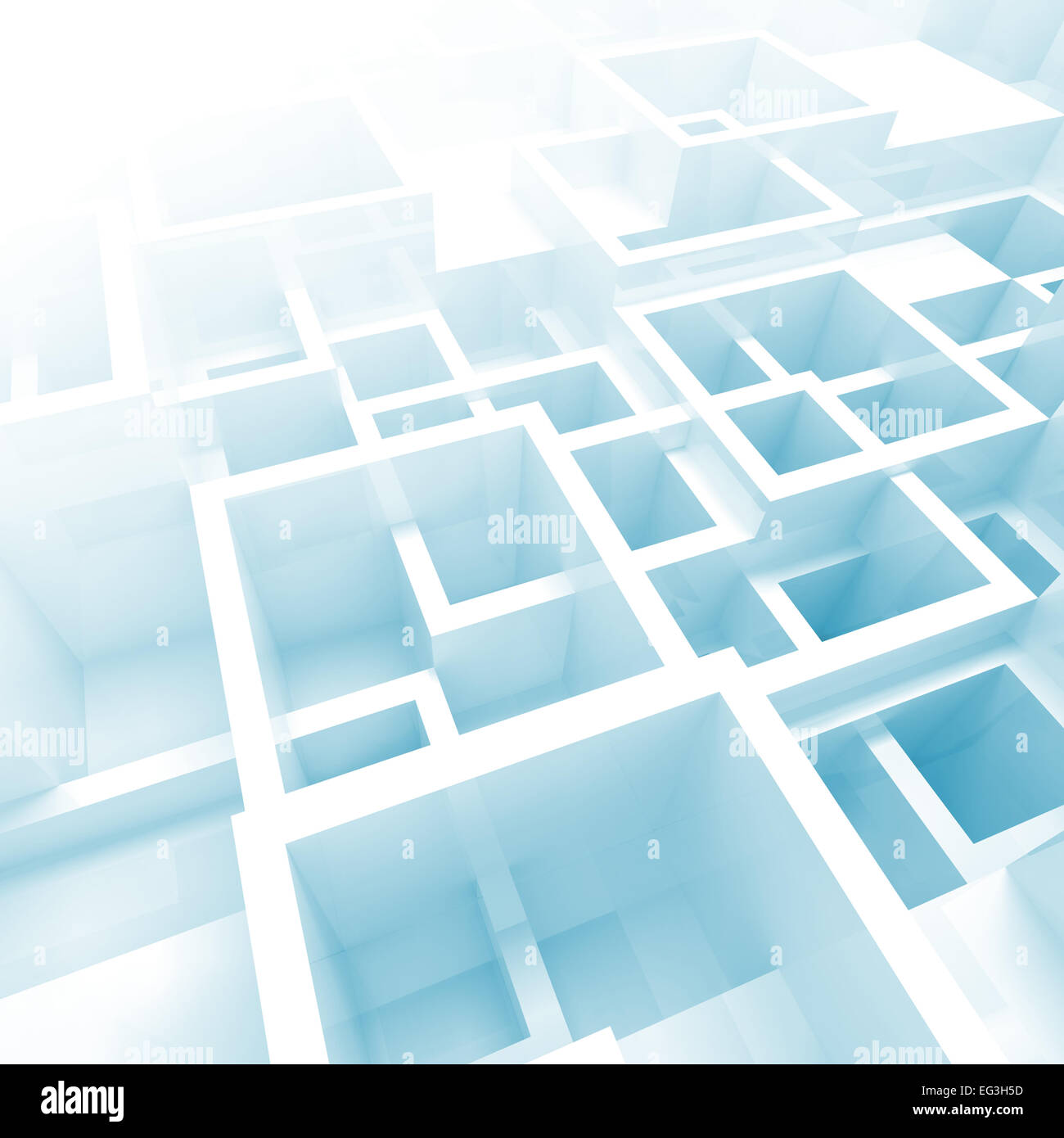 Abstract empty 3d interior fragment with white and blue chaotic square ...