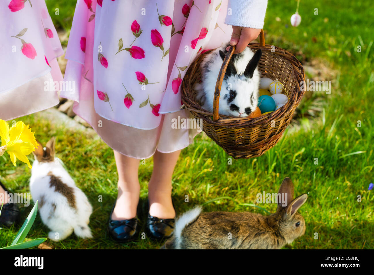 Children on Easter egg hunt in the spring on a meadow, an Easter bunny ...