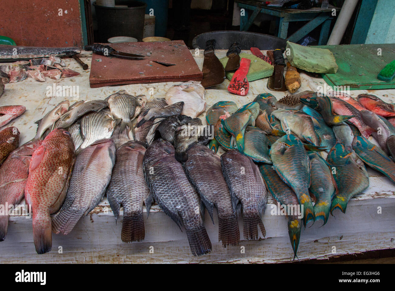 A table of fresh fish in an outdoor market in Higuey, Dominican ...
