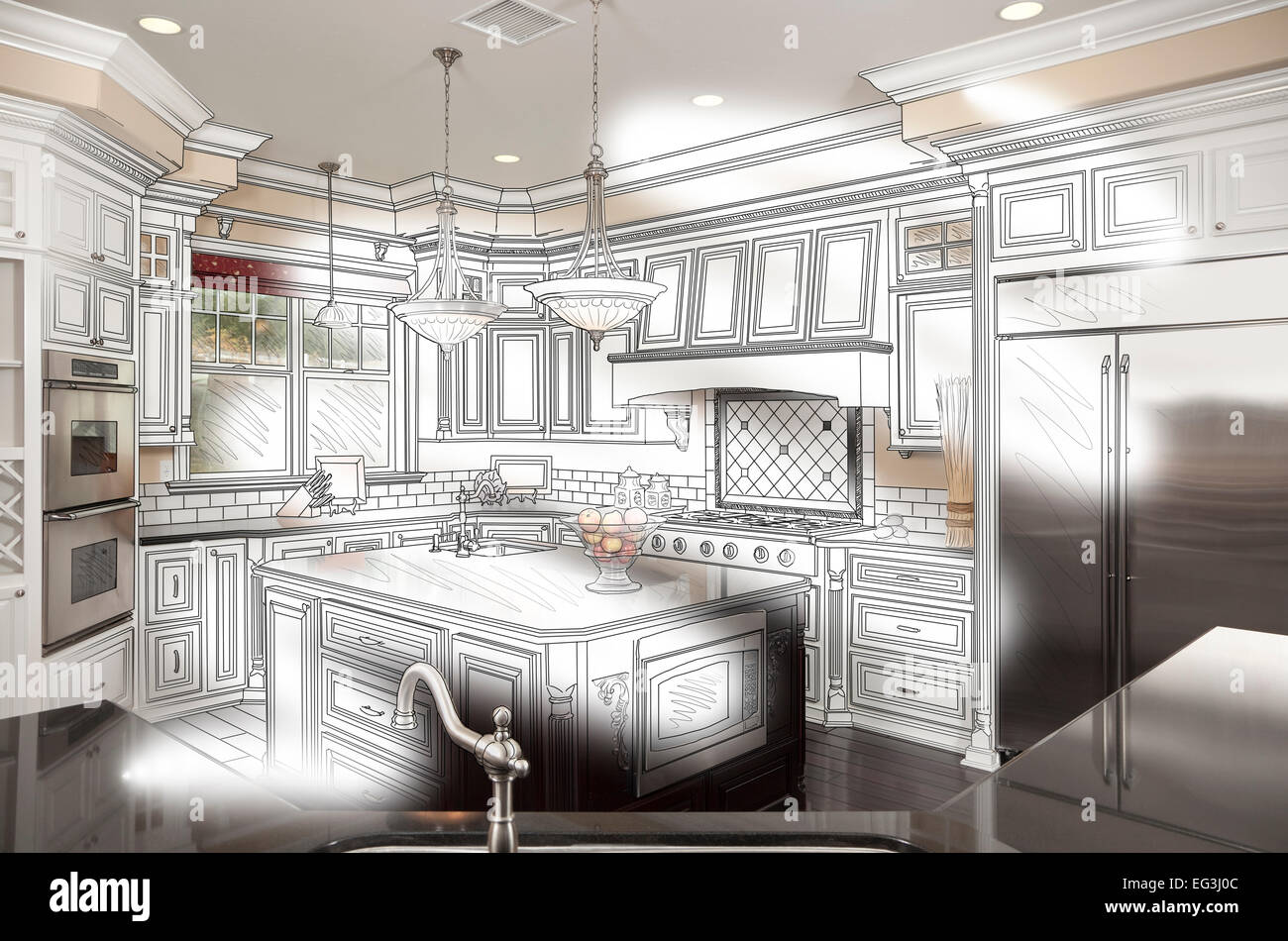 Beautiful Custom Kitchen Design Drawing and Photo Combination Stock ...