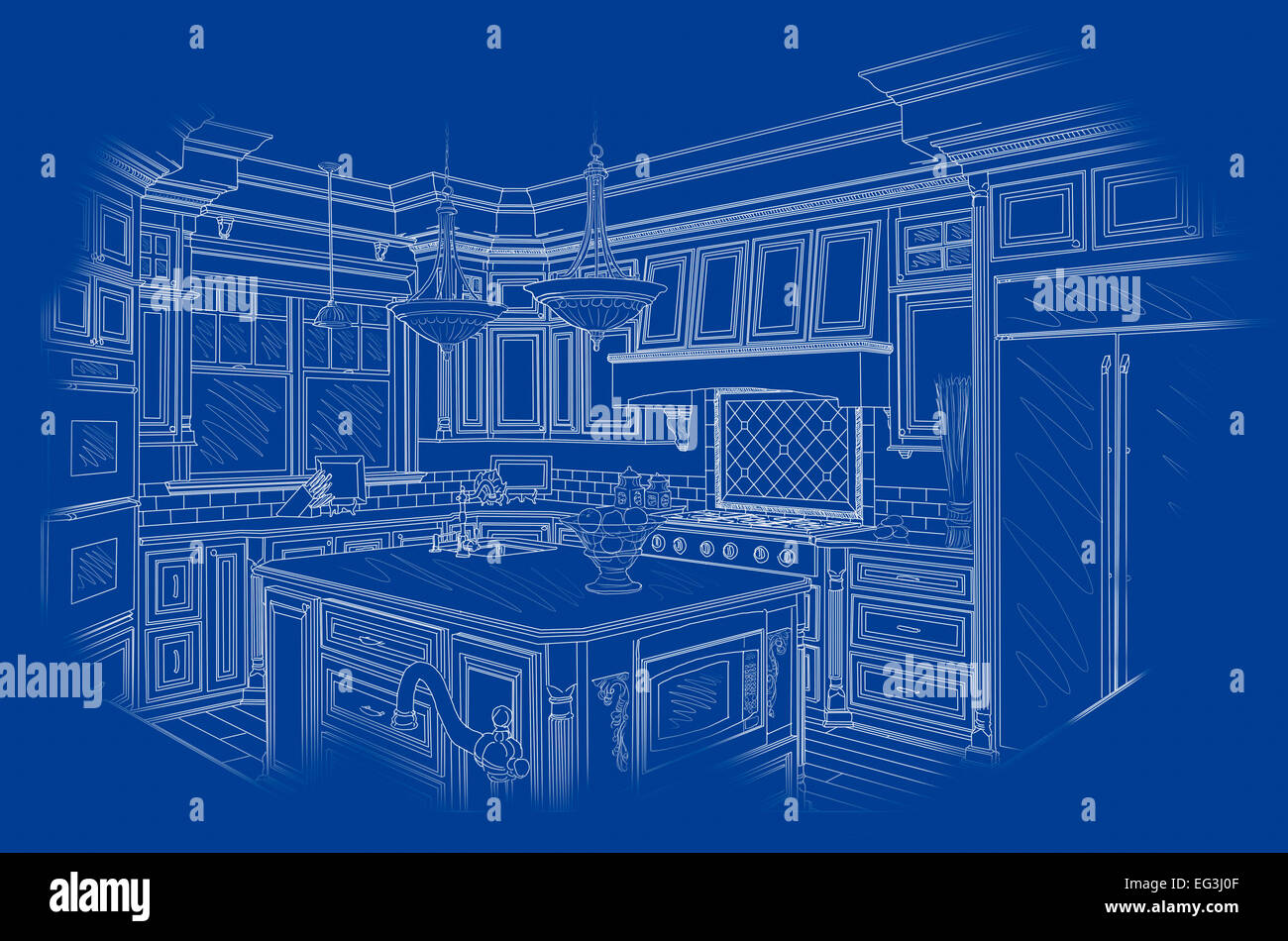 Beautiful Custom Kitchen Design Drawing in White On Blue Background ...