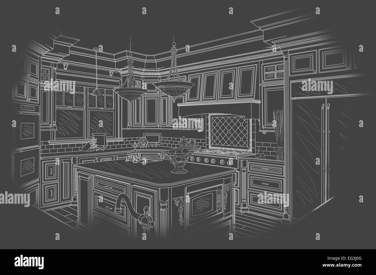 Beautiful Custom Kitchen Design Drawing in White On Grey Background ...