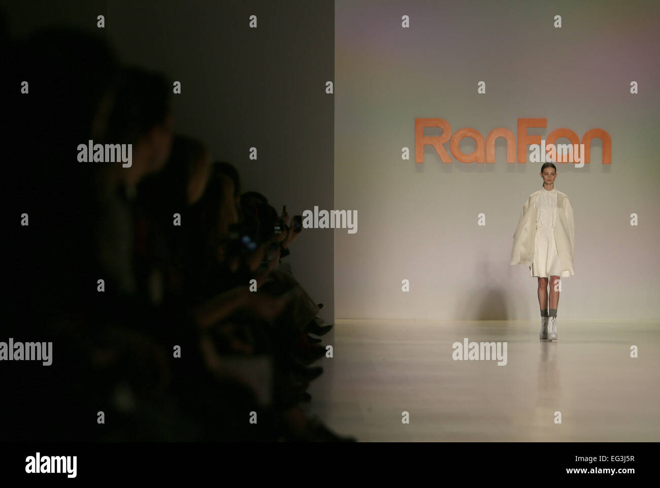 New York, USA. 15th Feb, 2015. A model presents a creation of RANFAN by ...