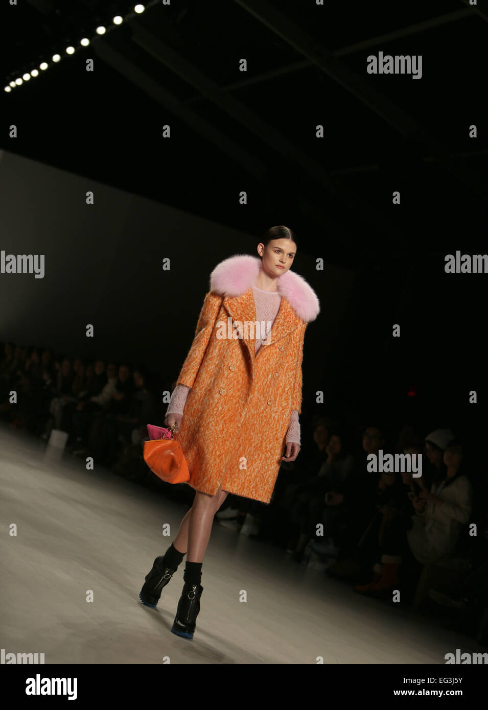 New York, USA. 15th Feb, 2015. A model presents a creation of RANFAN by ...