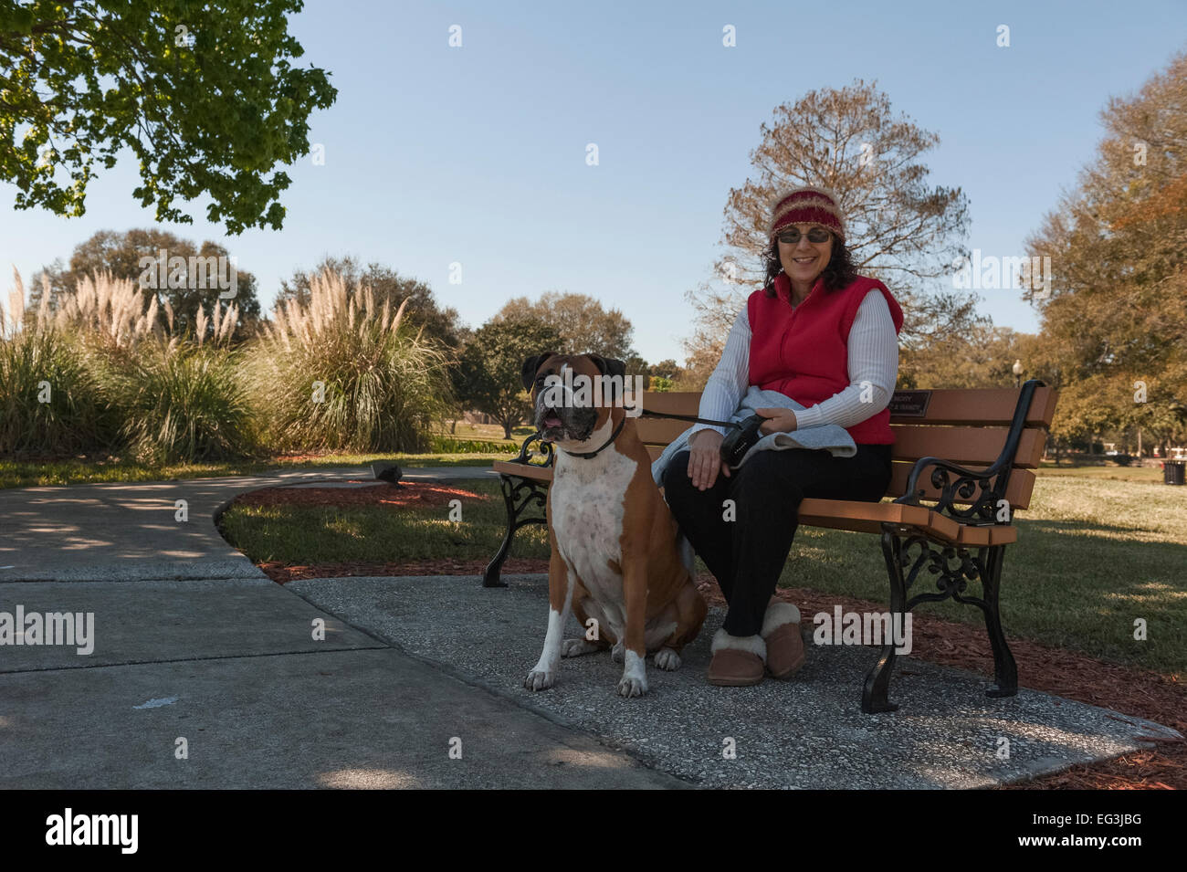 A woman and her boxer enjoying a sunny afternoon while sitting on a ...