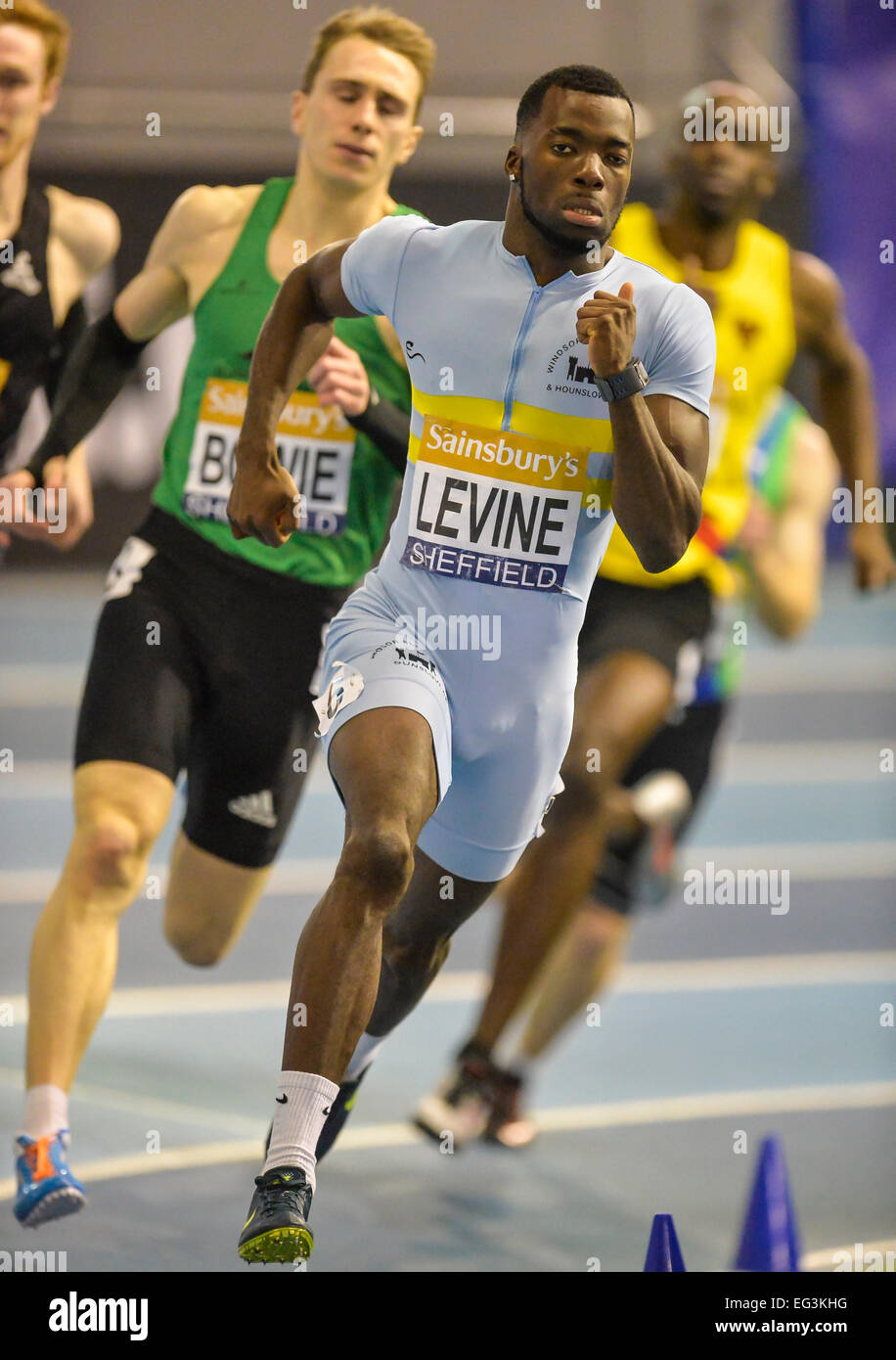 Sheffield, UK. 15th Feb, 2015. British Indoor Athletics Championship. Nigel Levine on his way to ...