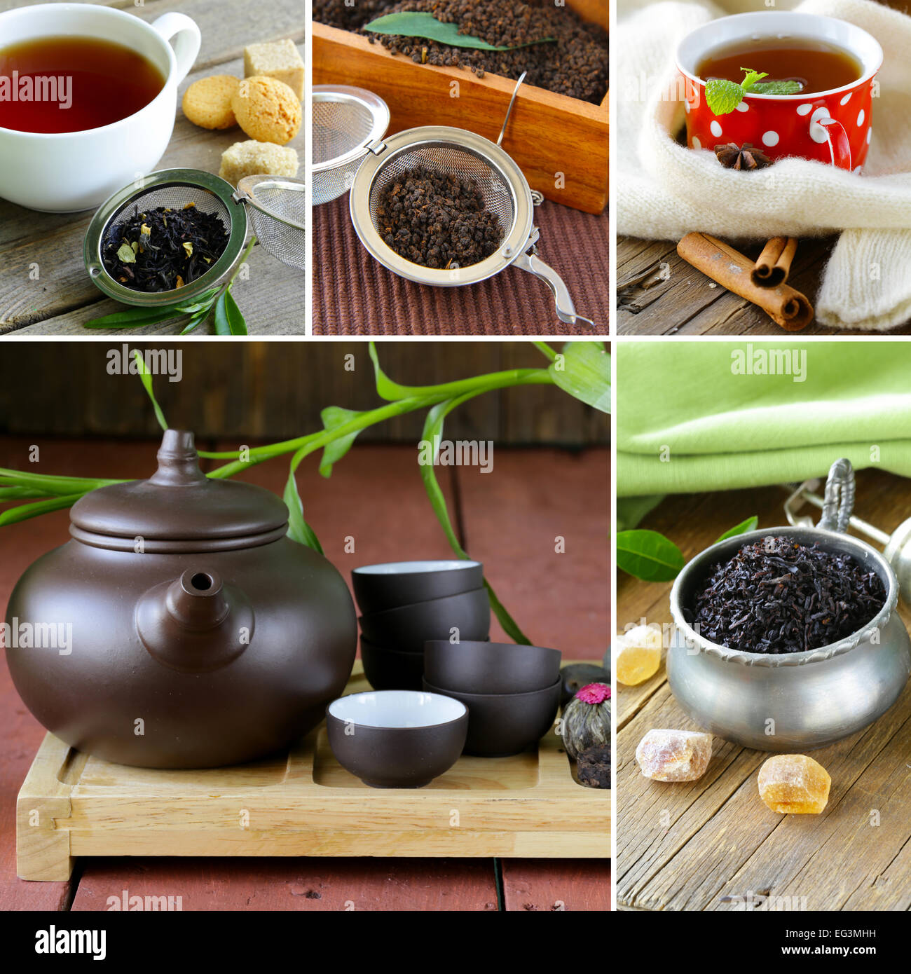 collage useful green and black tea and serving for tea party Stock ...