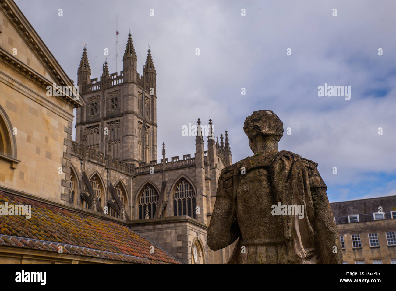 The view of Bath Abbey from Roman Baths Museum in Bath, Avon and ...
