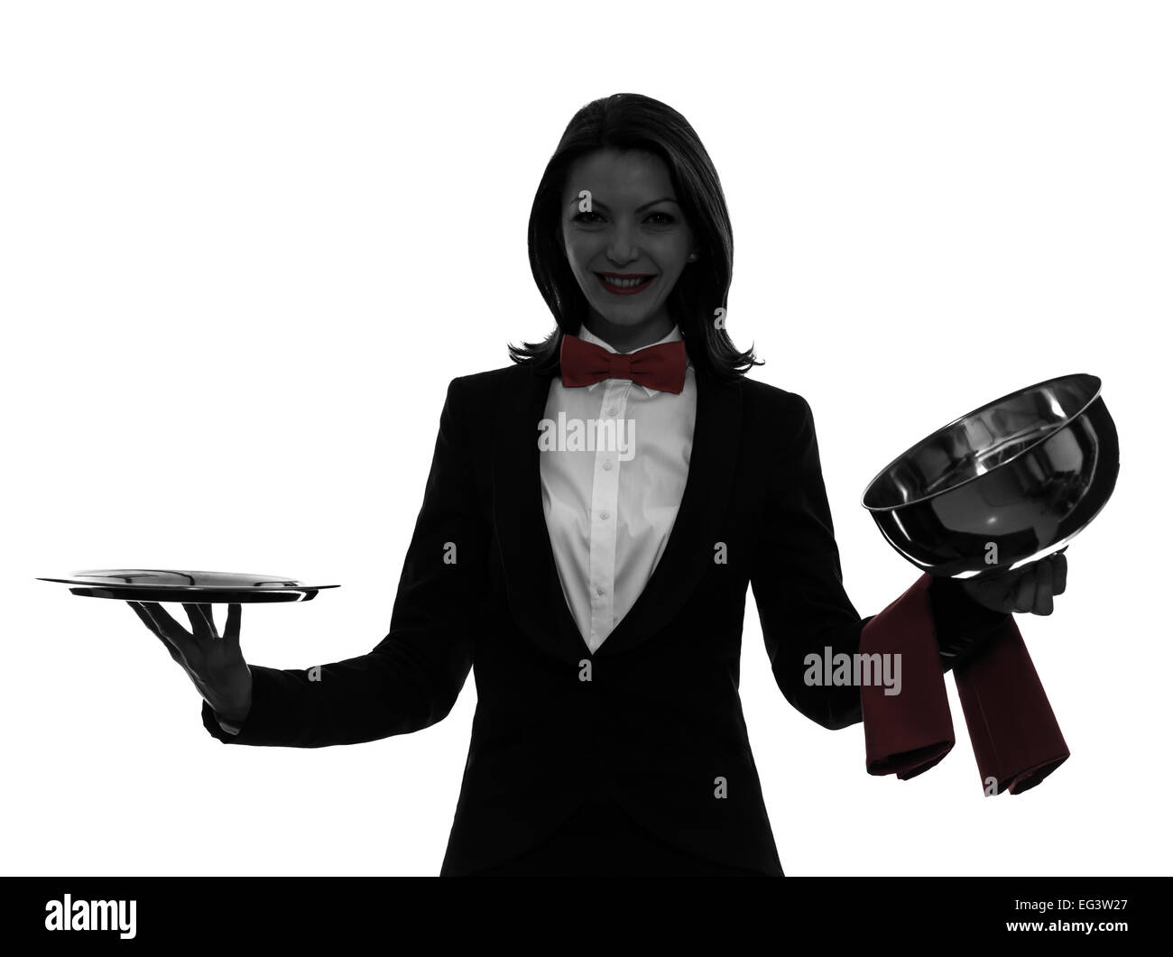 one woman waiter butler opening catering dome in silhouette on white ...
