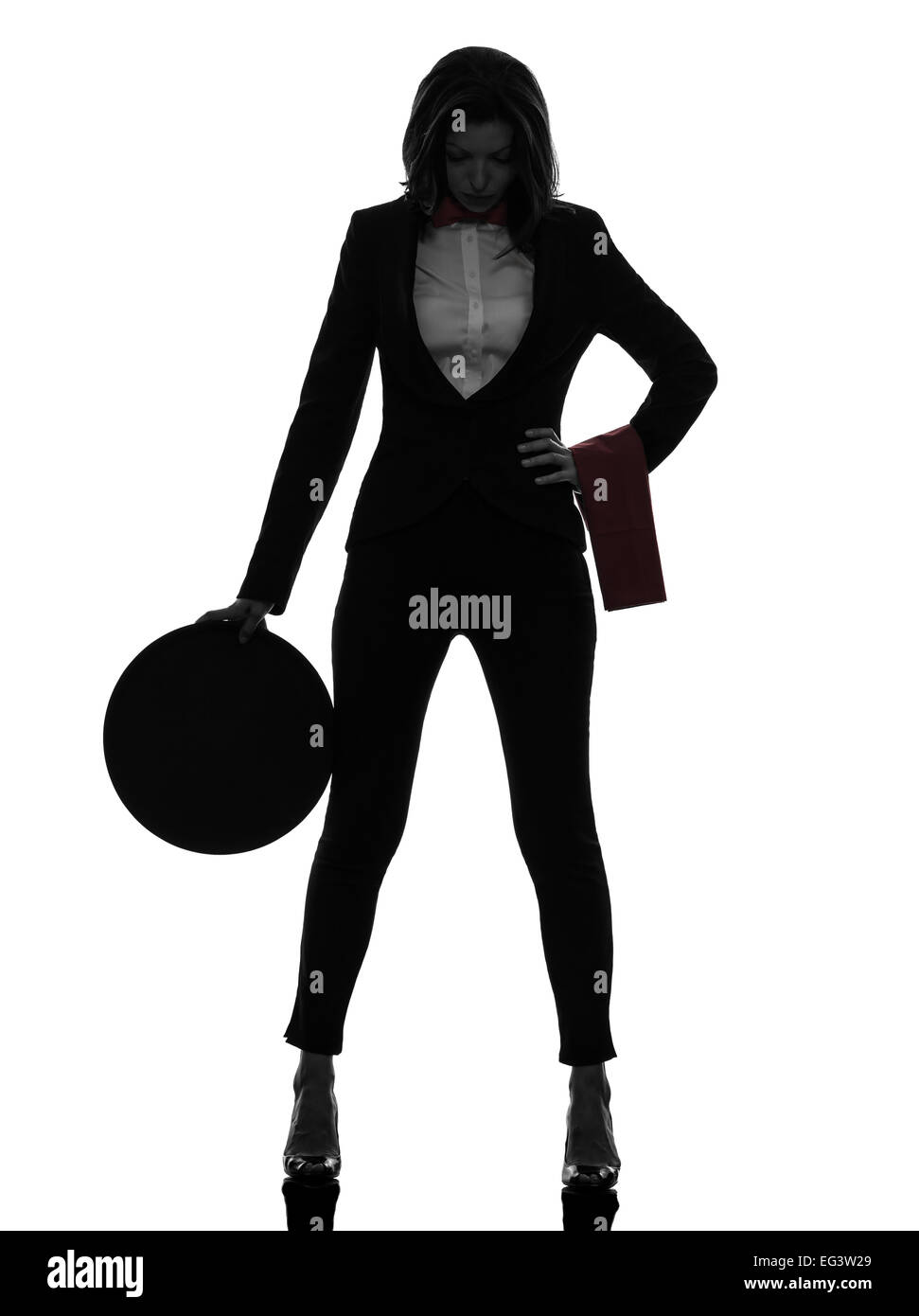 one woman waiter butler tired exhausted in silhouette on white ...