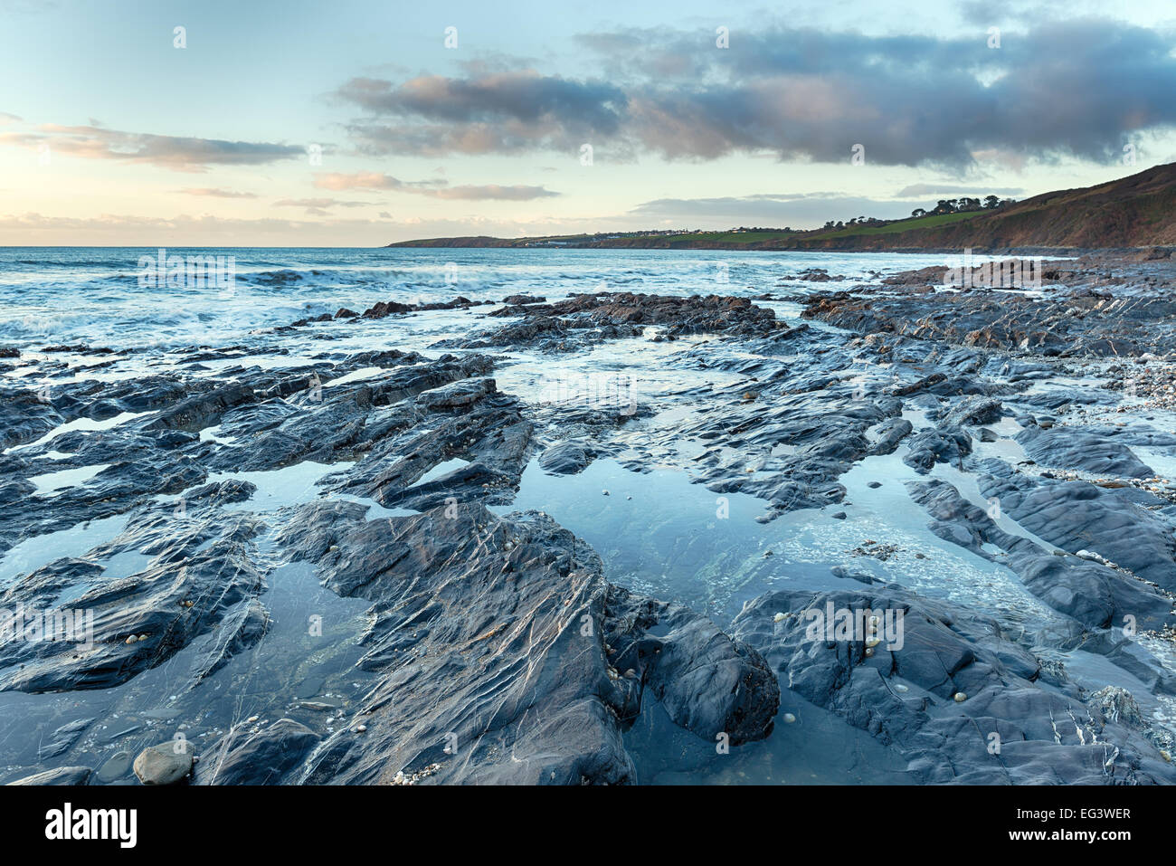 Rock pools at low tide on Pendower Beach in Cornwall Stock Photo - Alamy