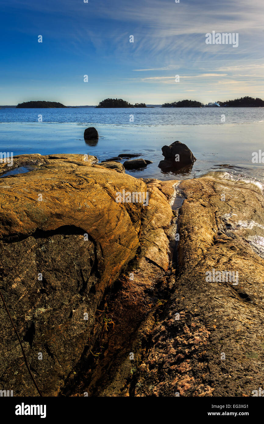 Vertical landscape image from Swedish archipelago with rocks, ocean and ...