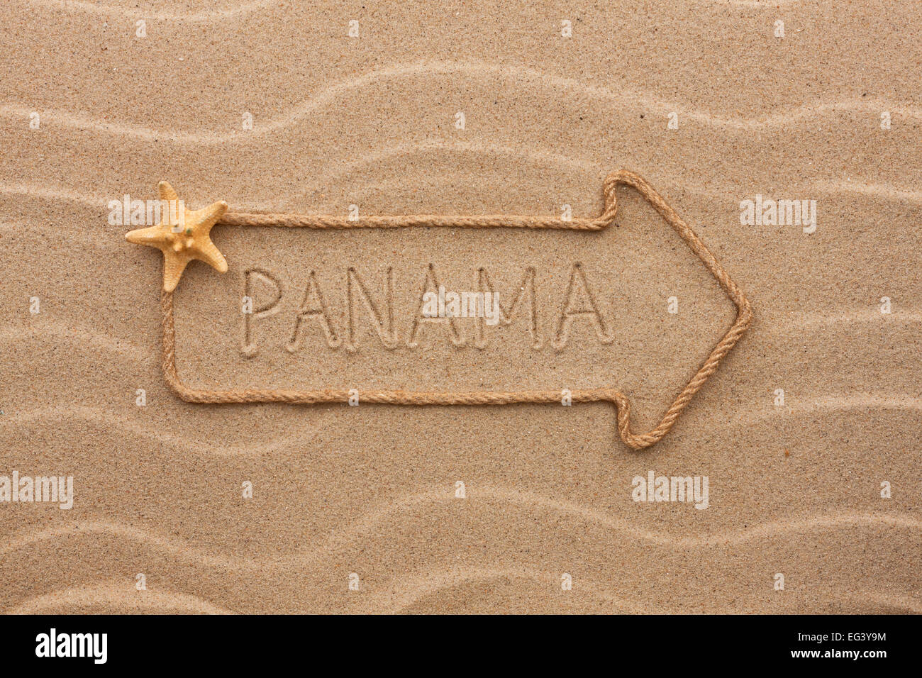 Arrow made of rope and sea shells with the word Panama on the sand, as ...