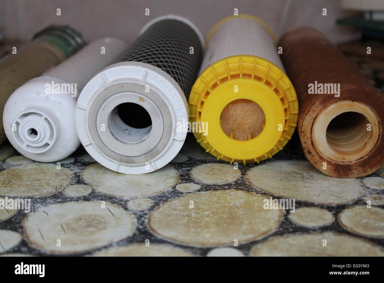 plastic boxes of water cleaning filters lay out of work Stock Photo - Alamy