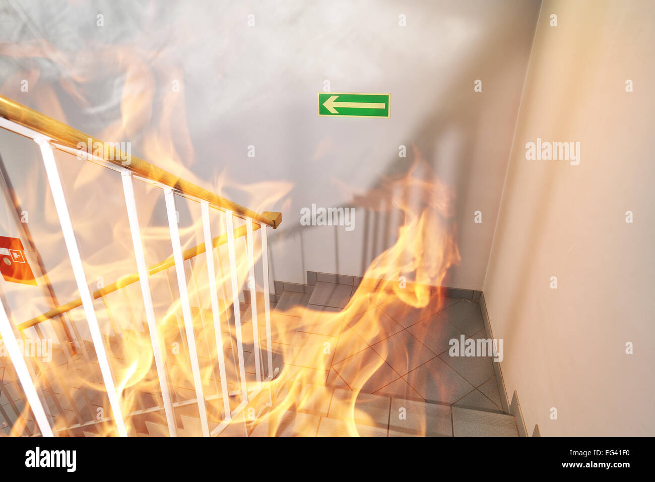 Stairs on fire in the building Stock Photo - Alamy