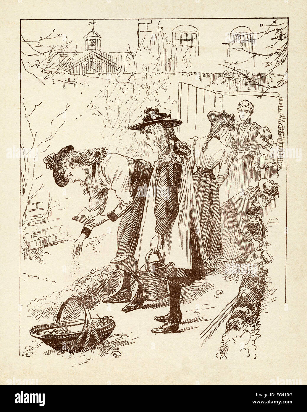 Victorian book illustration of of 1877 showing children planting seeds ...