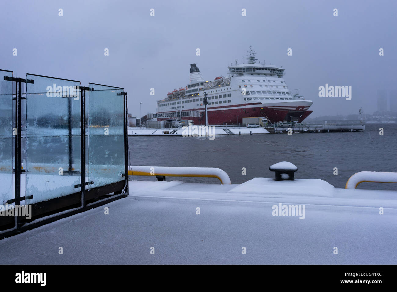 Passenger ferry at the port of Riga in the winter with snow and ...