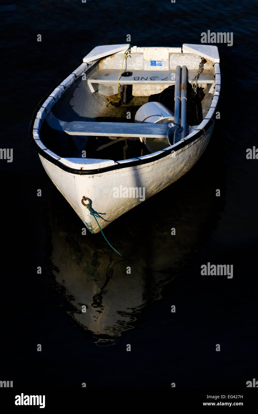 Small dinghy moored for the night with bucket and oars inside ...