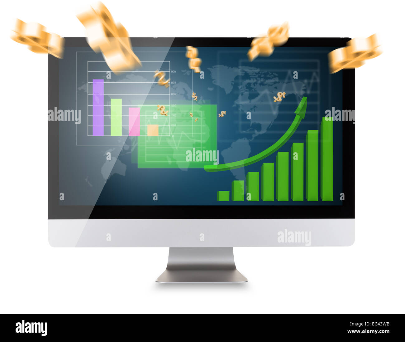 Modern computer display with digital icons of economic graphs. Front view. Isolated on white ...