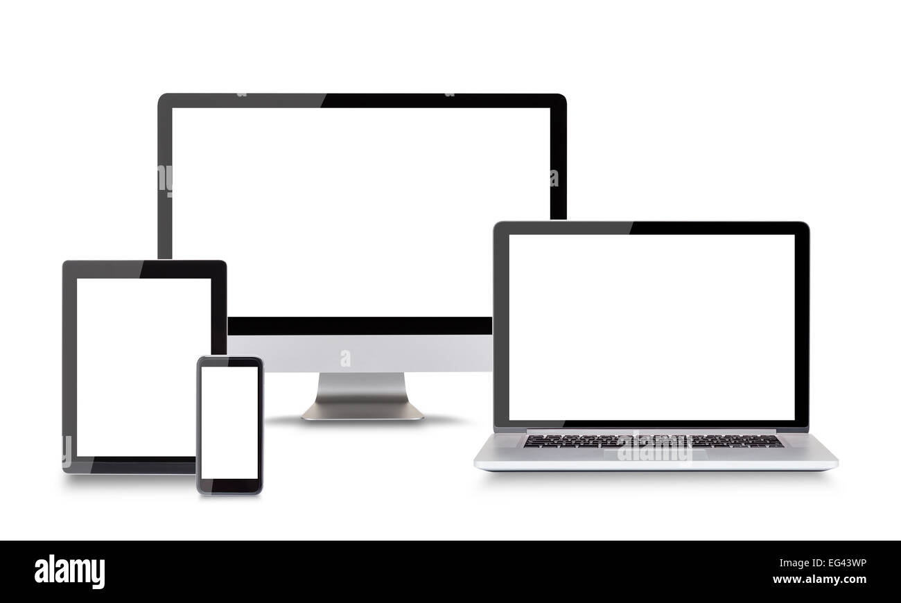 Collection of modern electronic devices isolated on white background ...