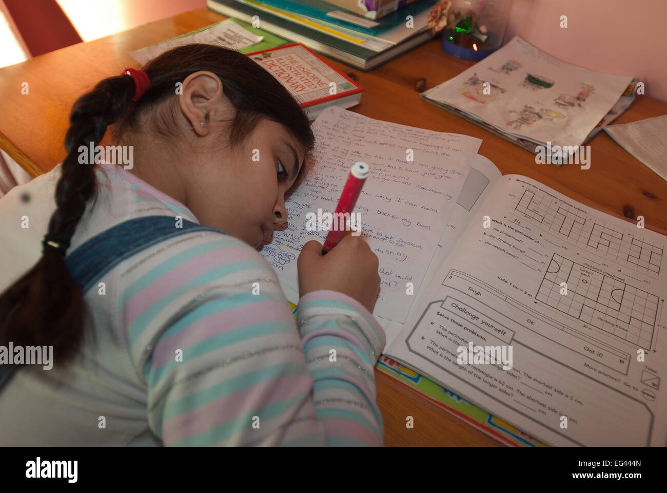 primary school pupil working so hard and focused on doing maths ...