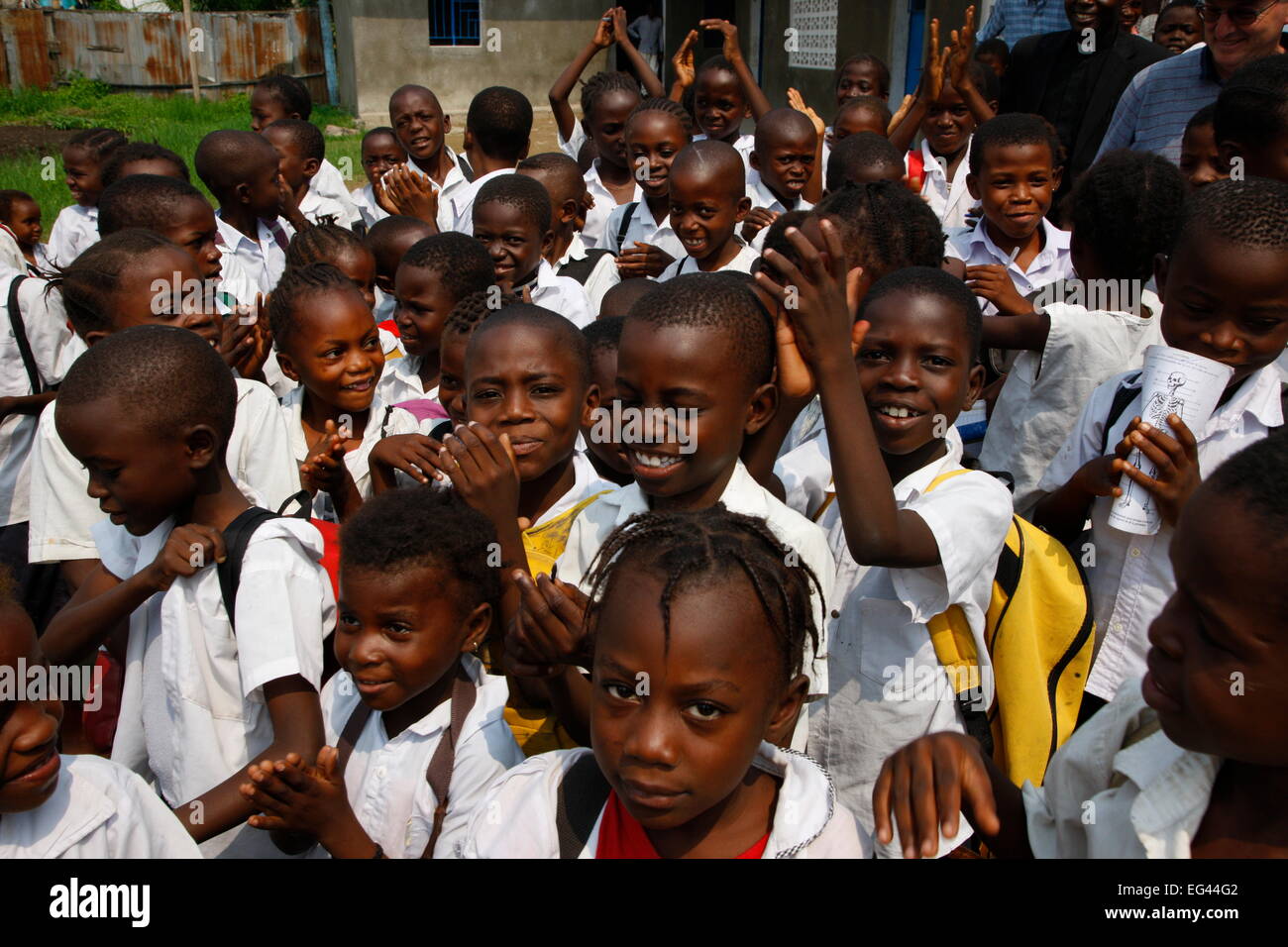 School children in school uniform, in the schoolyard, Kinshasa, Congo ...