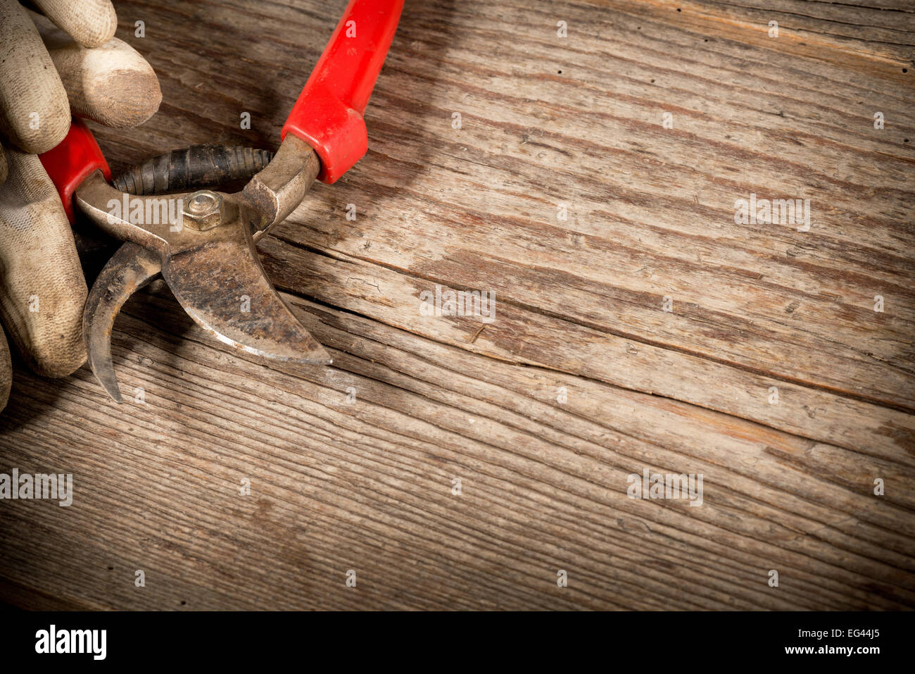 used pruning shears on the old wooden table Stock Photo - Alamy