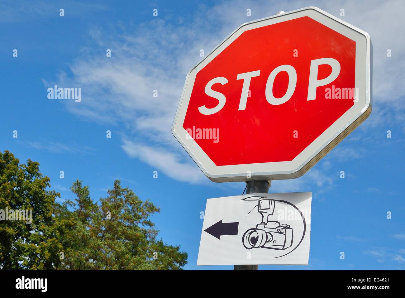 Stop sign with pointer to a lookout Point, Licciola in L'Ile-Rousse ...