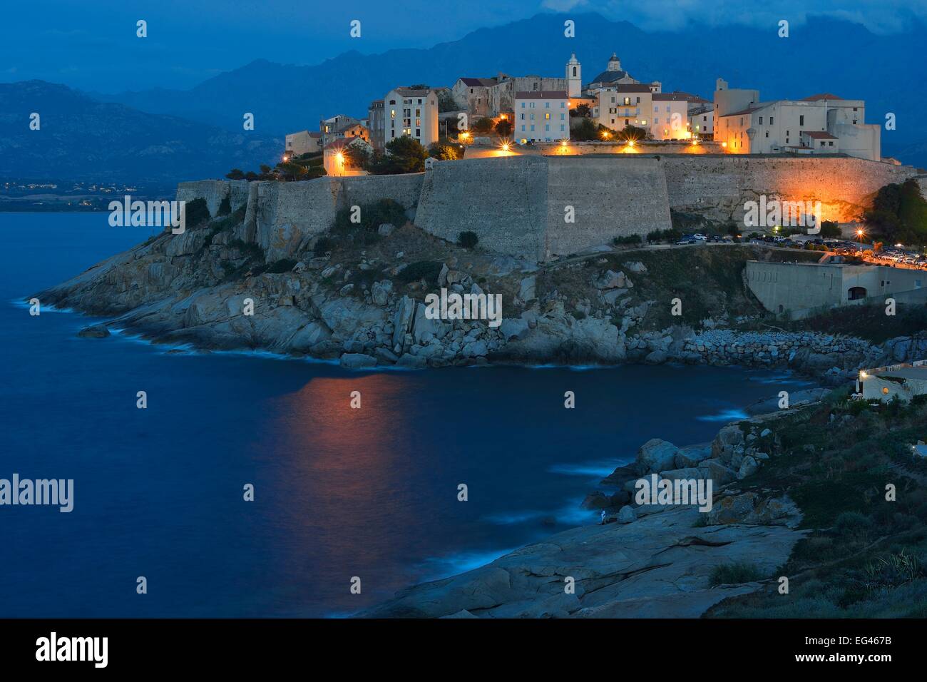 Old town with citadel at dusk, Calvi, Haute-Corse, Corsica, France ...