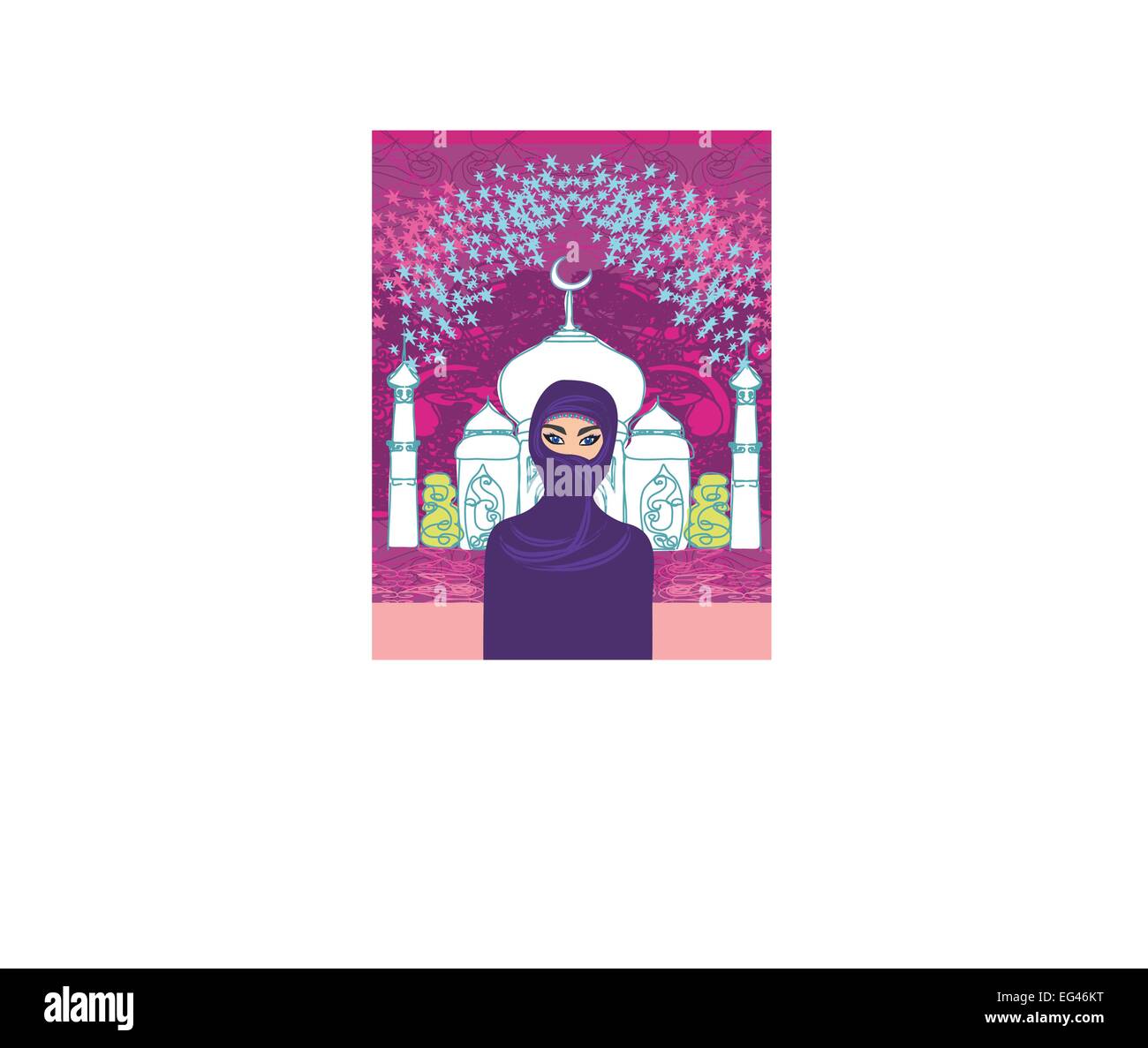 Vector illustration of a young beautiful muslim women on seamless ...