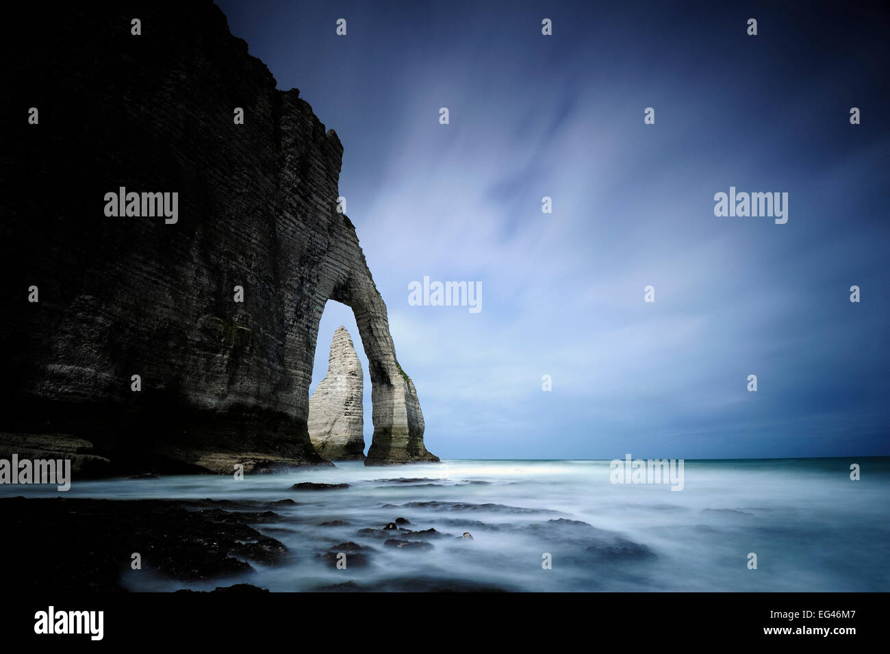 Landscape view the Manneporte natural rock arch needle Etretat Normandy ...