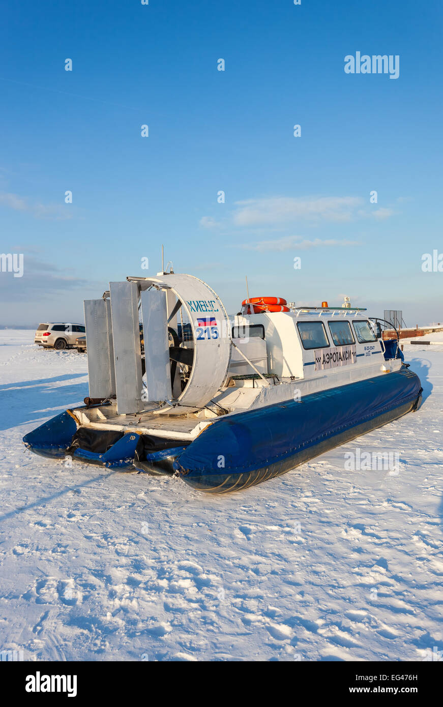 Hovercraft on the ice of the frozen Volga River in Samara Stock Photo ...