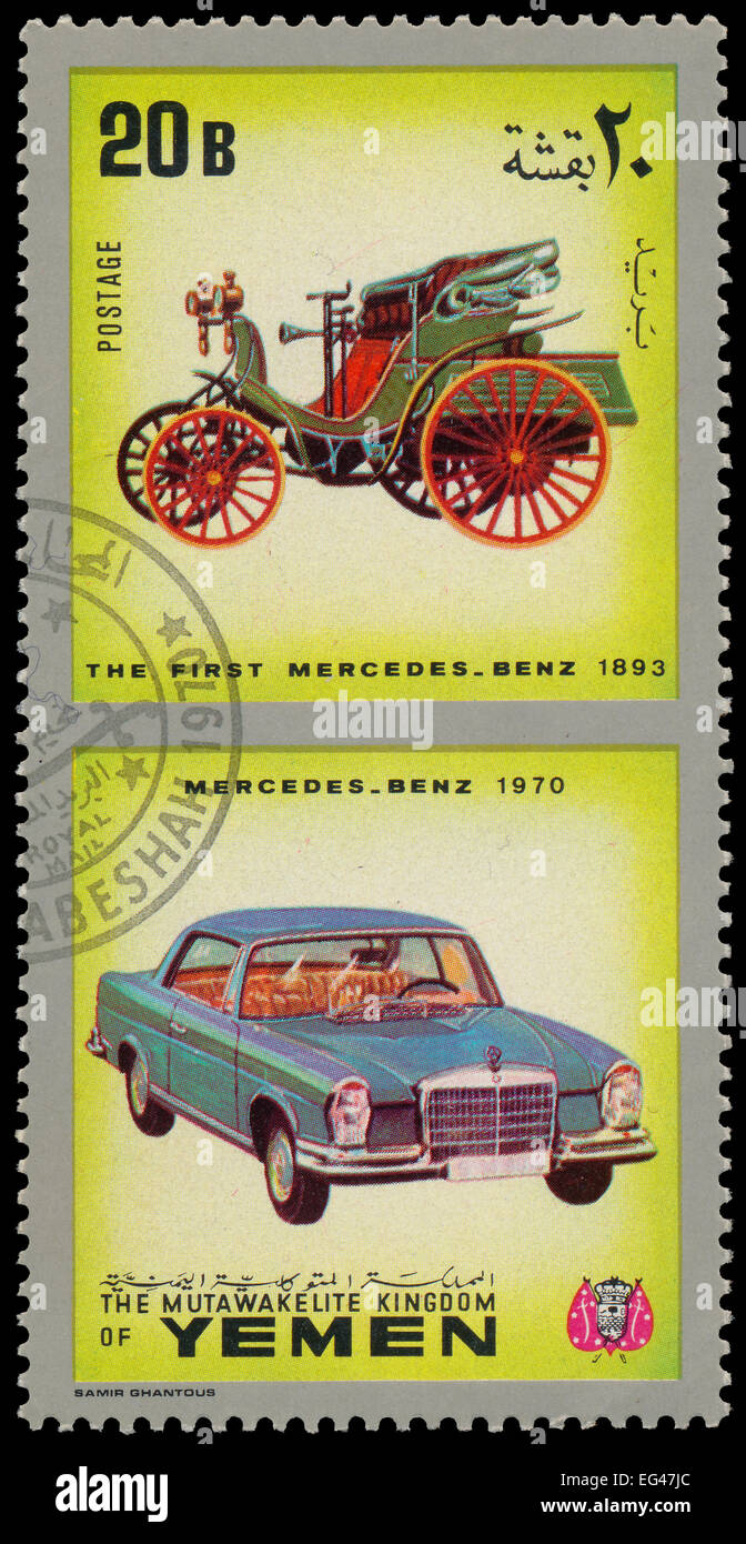 YEMEN - CIRCA 1970: Yemen 3c stamp commemorates first Mercedes Benz of ...