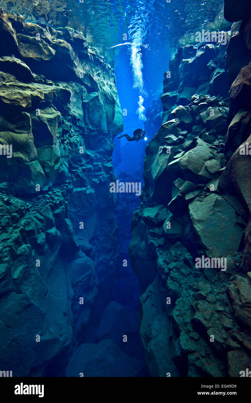 Diver explores the cathedral at Silfra Canyon deep fault filled fresh ...