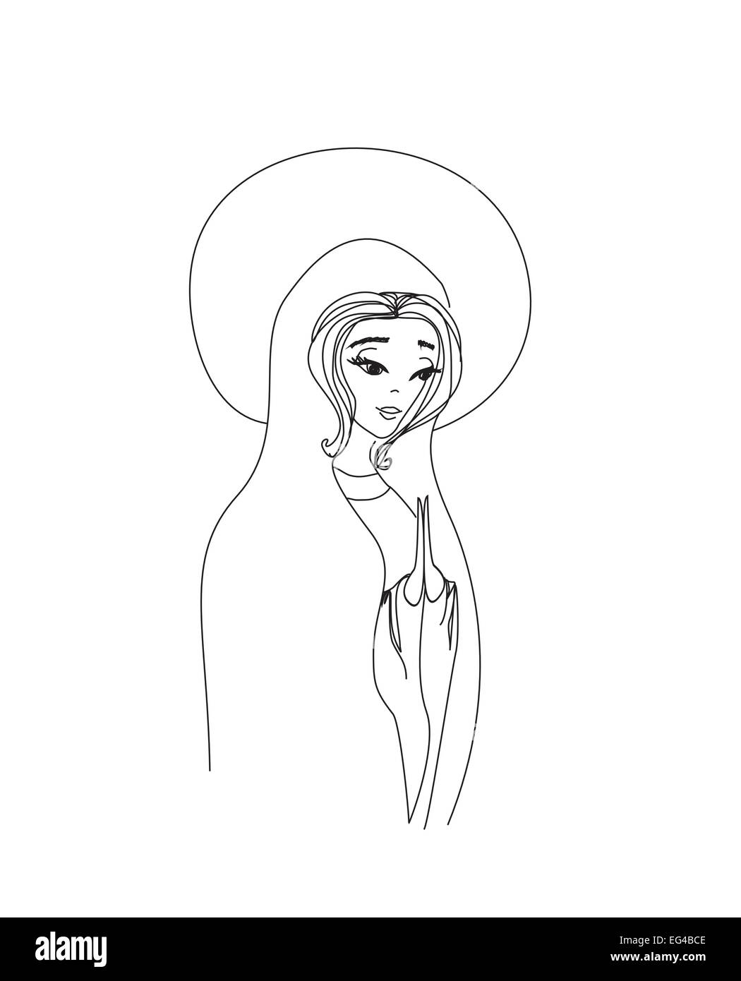Blessed Virgin Mary in black and white contour drawing Stock Vector ...