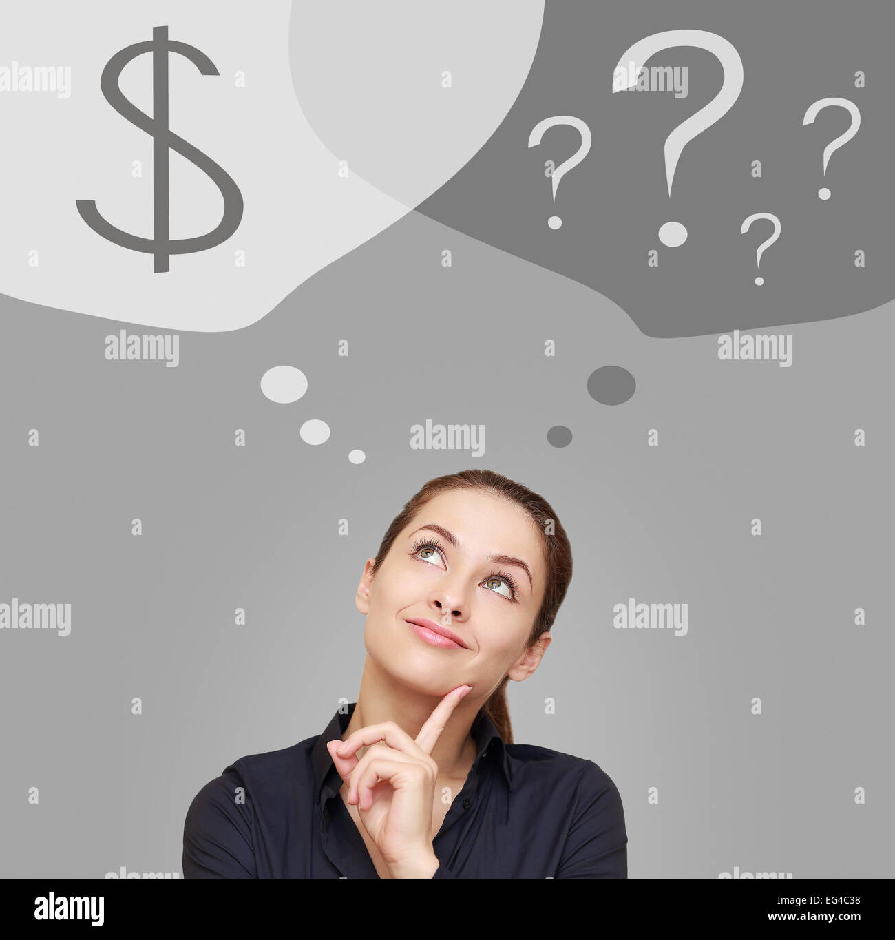 Thinking woman looking up on dollar sign in bubble. Money concept on ...