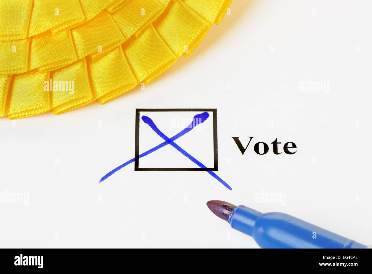 Vote marked with a blue cross. With pen and rosette Stock Photo - Alamy