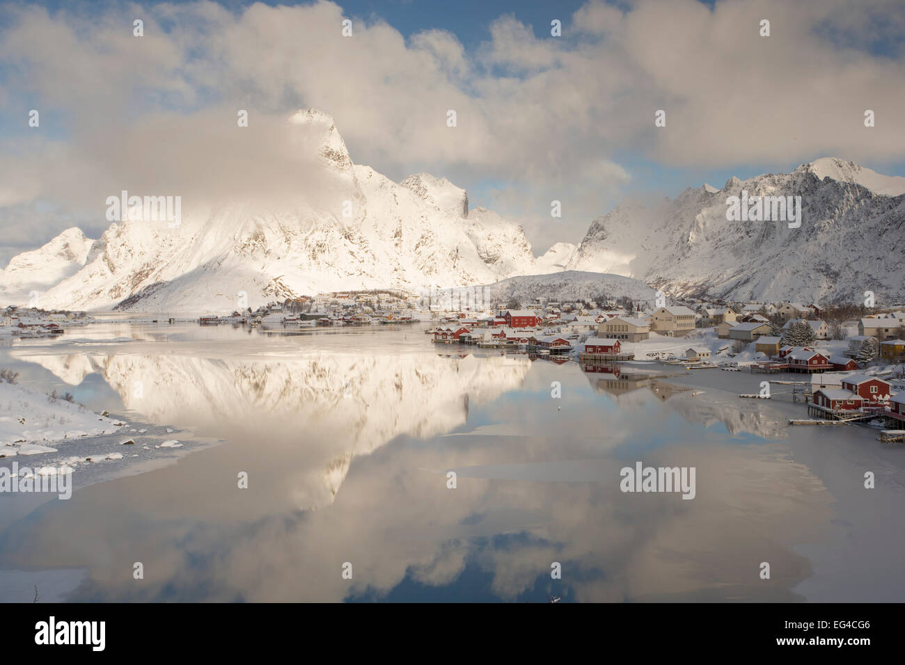 Winter clouds passing over Reine village in Lofoten Norway March 2013 ...