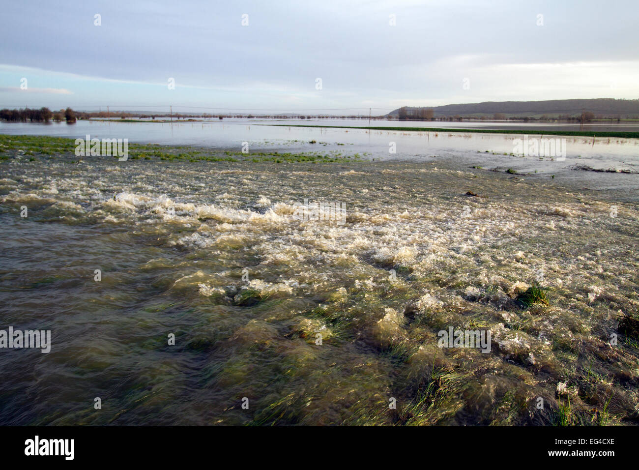 Flood water spilling out the River Parrett into the surrounding fields ...