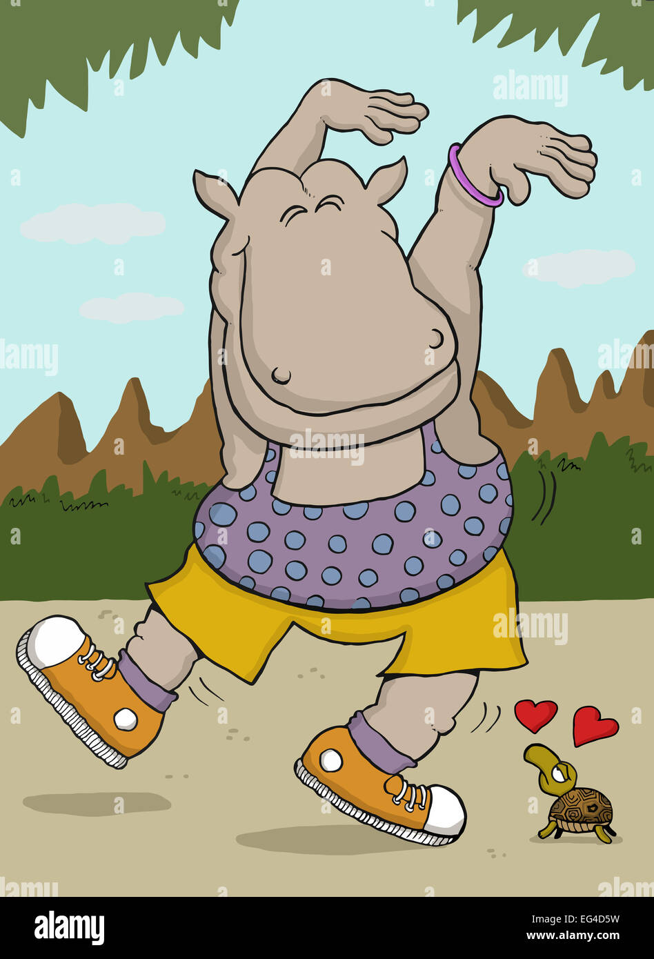 Little turtle in love with sporty hippo Stock Photo - Alamy