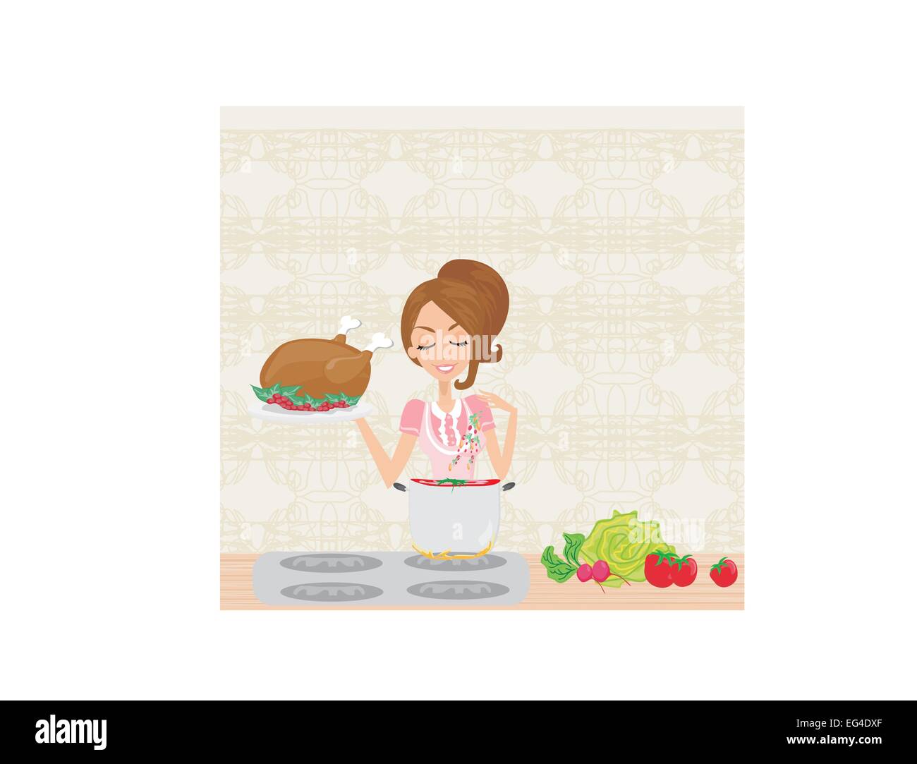 Beautiful lady cooking soup and serving chicken Stock Vector Image ...