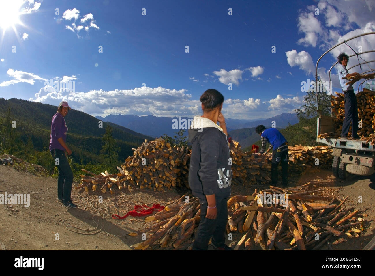 Fish eye view people collecting firewood Daocheng City Sichuan Province ...
