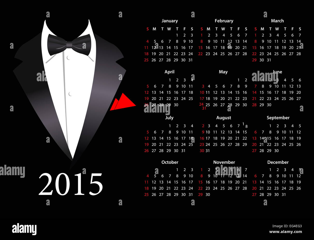 Vector American calendar 2015 with elegant suit, starting from Sundays ...