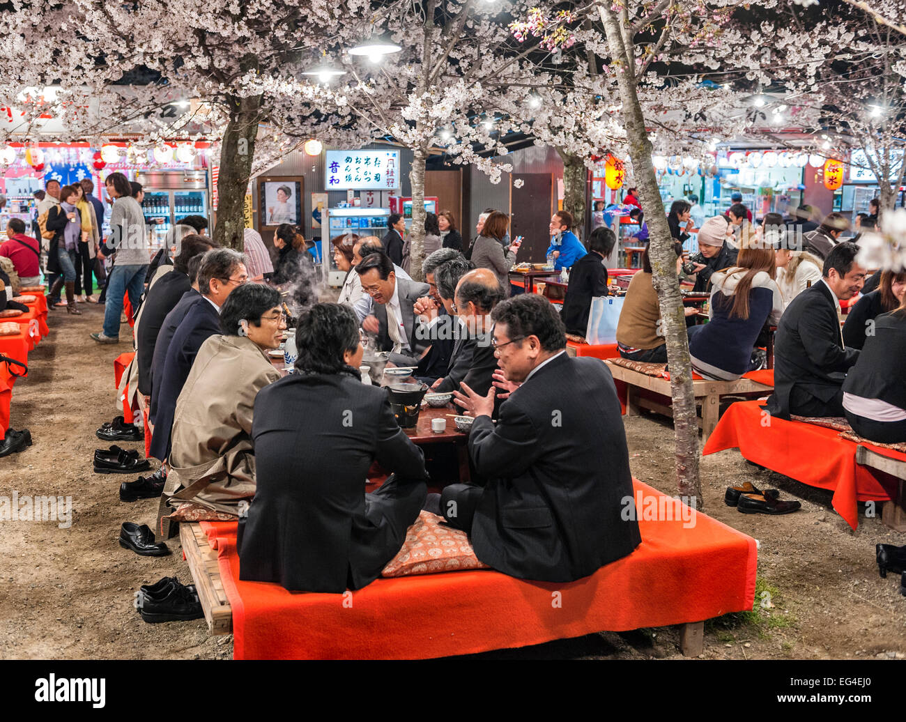Kyoto, Japan. Businessmen enjoying a hanami party in Maruyama Park ...