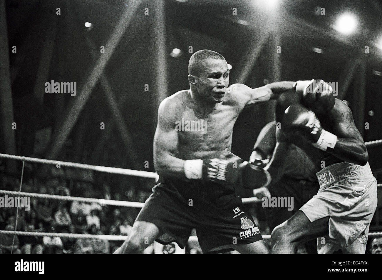 Santiago Rojas Alcantaraand Duke McKenzie fight in a WBU flyweight bout ...